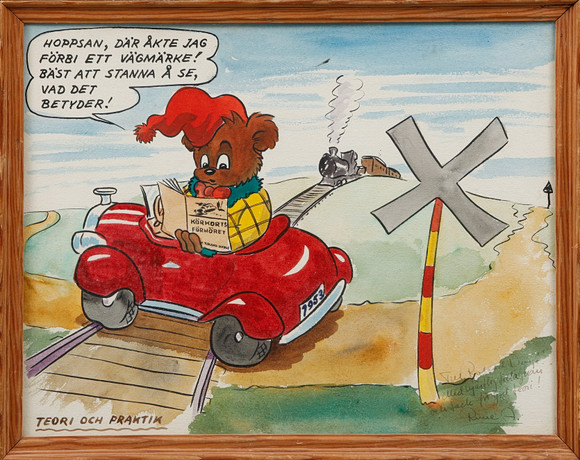 RUNE ANDREASSON. "Teori och praktik". Akvarell, signerad med dedikation ...