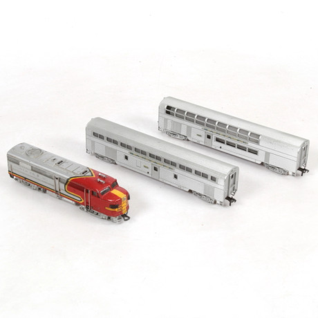 FLEISCHMANN, 3 delar, Lok samt 2 vagnar, "Santa Fe", skala HO, likström ...