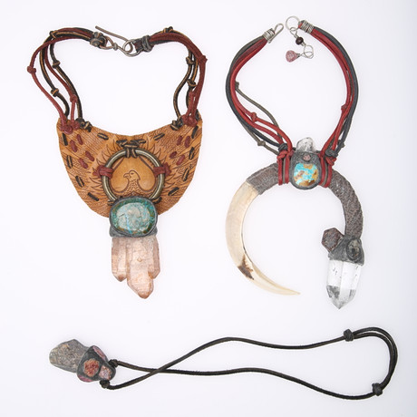 ANOTHAI HANSEN. A three piece mineral/crystal/horn/leather collier ...
