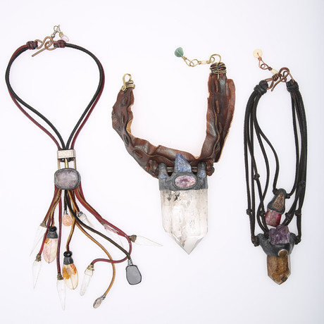 ANOTHAI HANSEN. A set of three mineral/quartz/leather/metal collier ...