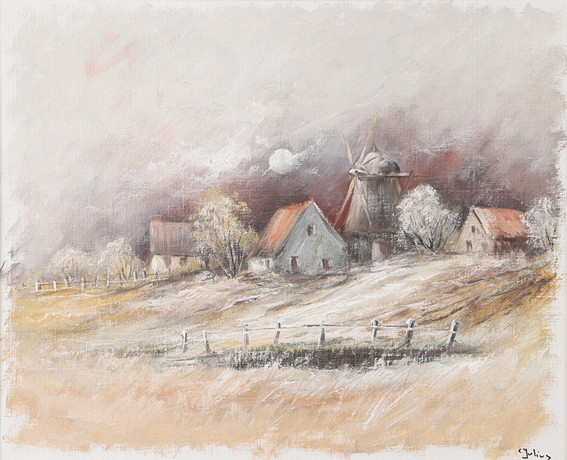 CARL JULIUS. Landscape with mill, oil on canvas, signed C Julius. Art ...