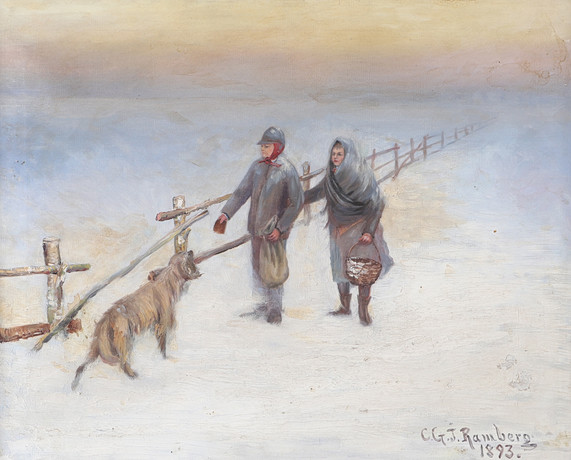 CARL GUSTAV JOHAN RAMBERG. Couple feeding the dog, oil on canvas ...