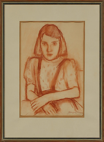 OLLE SKAGERFORS. Girl portrait, red chalk, signed and dated 1942. Art ...