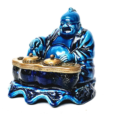FIGURINE OF BUDDHA LIKE AN INKWELL IN BLUE GLAZED CERAMIC. 19TH CENTURY ...