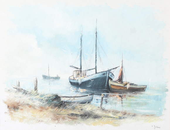 CARL JULIUS. Strandmotiv med fiskebåtar, olja på duk, signerad C ...