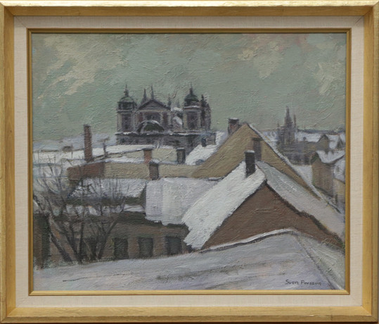 SVEN PERSSON. OLJA, på duk, Kalmarmotiv med domkyrkan, signerad. Konst ...