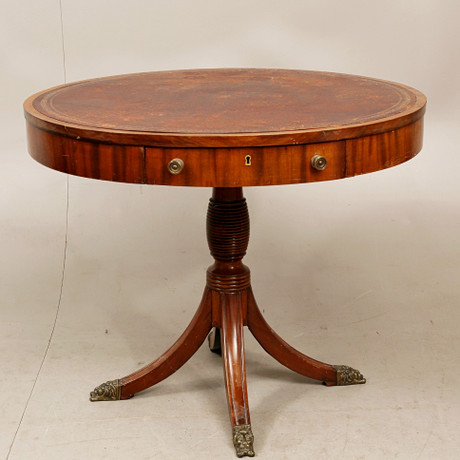 VICTORIAN LIBRARY TABLE with leather-covered top and 2 recessed drawers ...