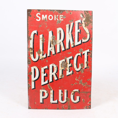 "SMOKE CLARKES PERFECT PLUG" ENAMEL ADVERTISING SIGN. Miscellaneous ...