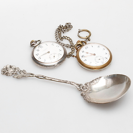 POCKET WATCH and SPOON, 3 parts, i.a. silver. Clocks & Watches - Pocket ...