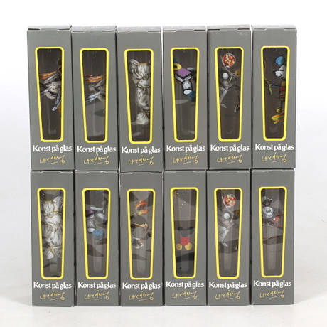 LASSE ÅBERG. A set of 12 beer glasses, Art on glass, signed. 20th ...
