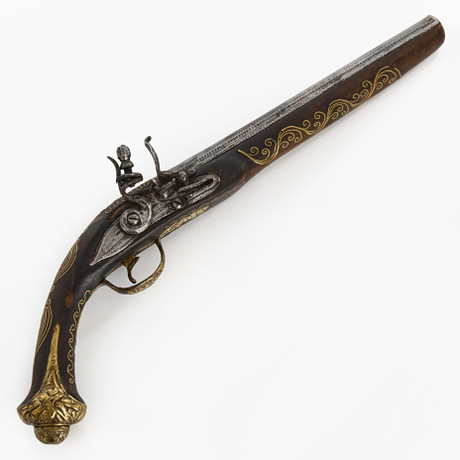 A BALKAN FLINT LOCK PISTOL, 18th century, white metal fittings with ...