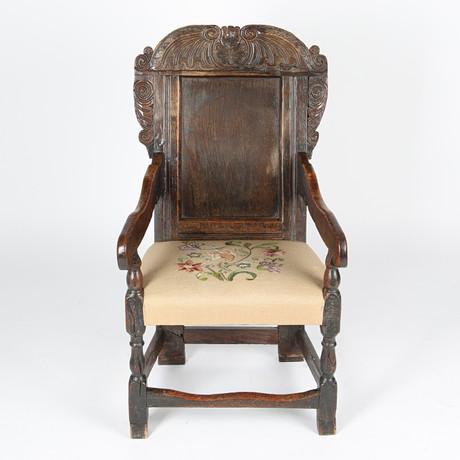 A CHARLES II OAK WAINSCOTT OPEN ARMCHAIR. Furniture - Armchairs ...