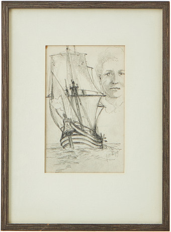JACOB HÄGG (1839-1931). Sailing ship with inset portrait, pencil ...