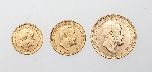 GOLD COINS, 3 pcs, SEK 5, SEK 10 and SEK 20. Coins, Medals & Stamps ...