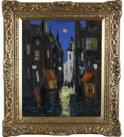 MAX HELLBERG. Cityscape with figures, oil on panel, signed. Art ...
