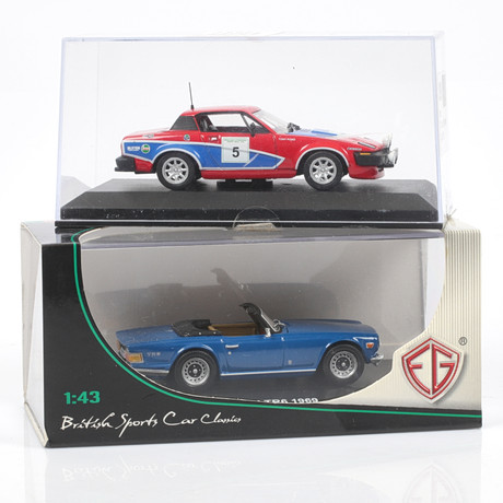 MODEL CARS, 2 pcs, metal/resin, Triumph TR6 1969 & Triumph TR7 V8 Rally ...