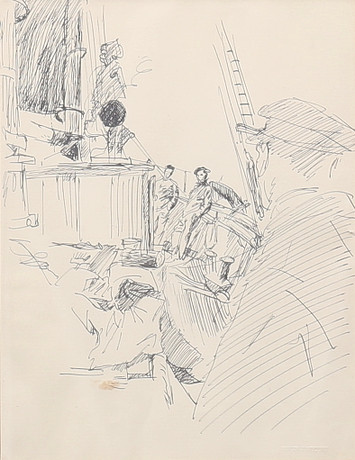BIRGER LUNDQVIST. (1910-1952) Drawing, boat with sailors, names in ...