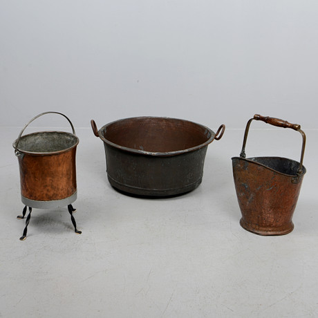 LARGE COPPER POT, BUCKET and CHARCOAL COLLECTOR, 1800/1900's. Silver ...