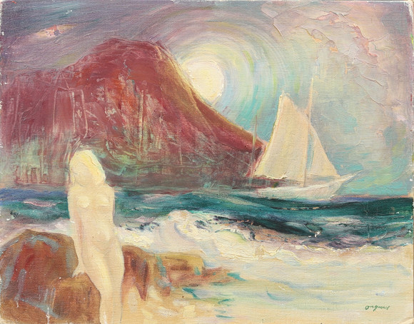 LAWRENCE ONGMAN (1869-1972). Flicka och månsken, olja på pannå ...