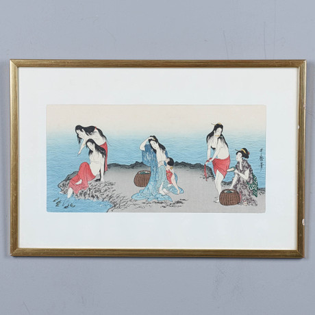 KITAGAWA UTAMARO. WOODBLOCK PRINT, “DIVING FOR ABALONES”, JAPAN, SIGNED ...