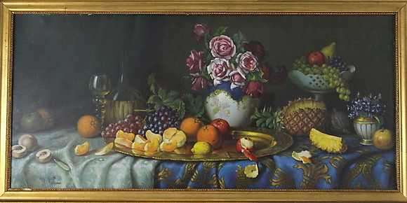 HILLY HANFT. print, still life with flowers and fruit, signed in the ...