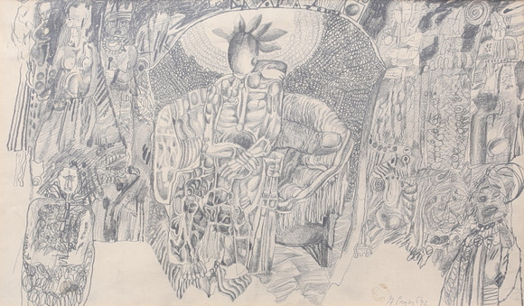 JERZY PRZYBYL (JAN POL). Surrealistisk komposition. Blyerts/kolpenna ...