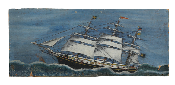 OKÄND KONSTNÄR. Segelfartyg med unionsflaggan, olja på pannå, osignerad ...