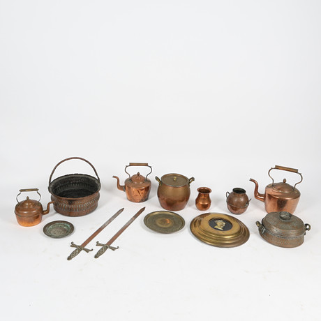 A COLLECTION OF MOSTLY COPPER WARE, 19TH CENTURY AND LATER (TWO BOXES). Silver & Metals - Pewter ...