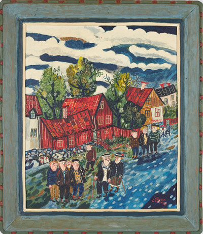 SVEN LIDBERG. "Gubbarna på Malmgårdsvägen", olja på pannå, bemålad ram ...