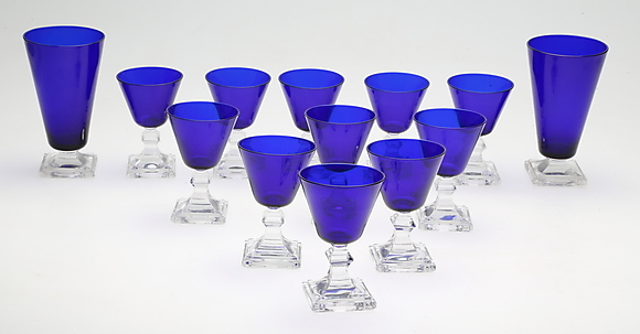 GLASSWARE, 18/1900s, 13 parts, blue cup with square foot. Glass ...