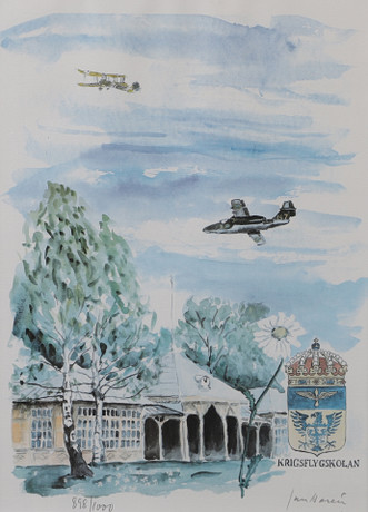 JAN NORÉN. “Krigflyskolan”, lithograph in colours, signed. Art ...