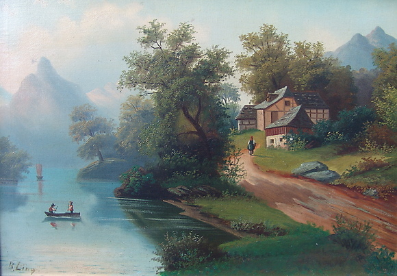 SIGN.B.LING. Landscape with shore and farmhouse in front of a mountain ...