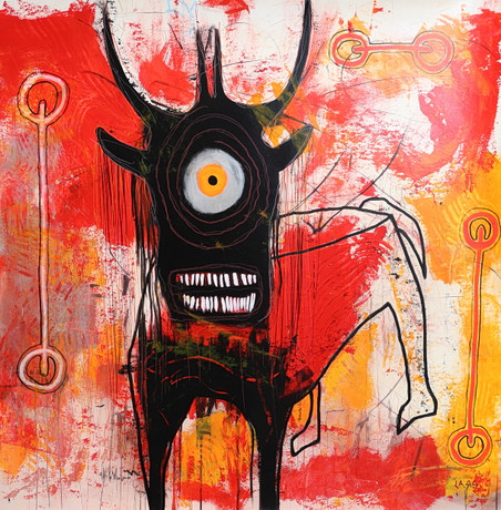 LARS TUNEBO. Originalmålning, "Bullseye bull" blandteknik, oramad ...