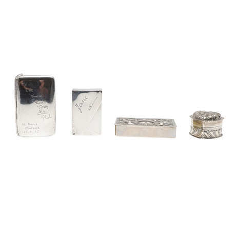 A SILVER MATCHBOX HOLDER, A CIGARETTE CASE, A HEART SHAPE BOX, AND A ...