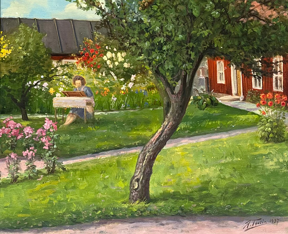 JÖNS THULIN. Kvinna i trädgård. Olja på duk, signerad och daterad 1937 ...