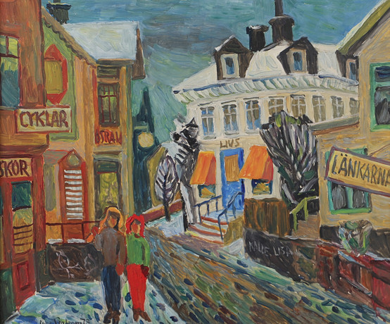 JOHN CARLSON. Stadsbild med figurer, olja på pannå, signerad -73. Konst ...