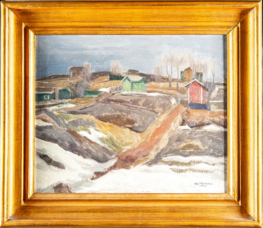 ELLIS WALLIN. OIL ON CANVAS, “COLONIAL CABINS” 1941. Art - Paintings ...