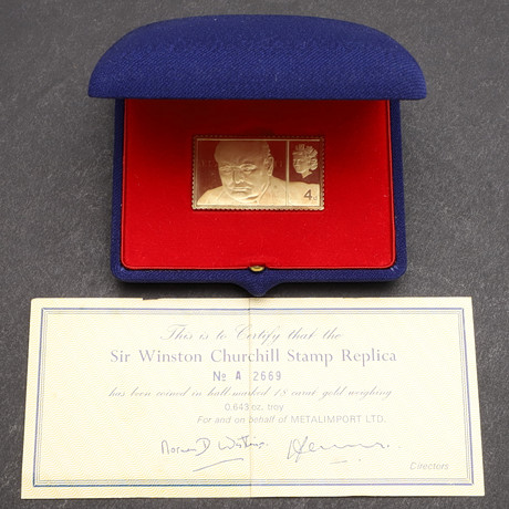 AN 18CT GOLD REPLICA OF THE 1965 COMMEMORATIVE STAMP. Coins, Medals ...