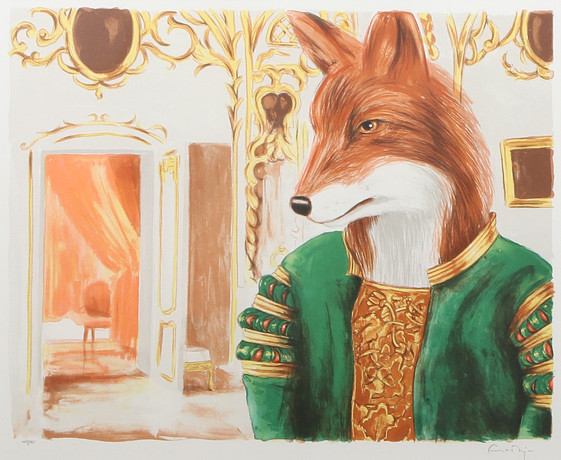 ERNST BILLGREN. Litografi, 149/175. Interiör med räv i uniform ...