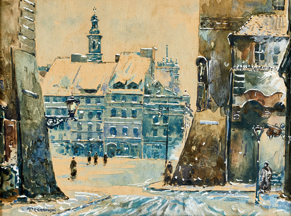 JAN REMBOWSKI (POLEN, 1879–1923). Vintermotiv från Warzawa, akvarell ...