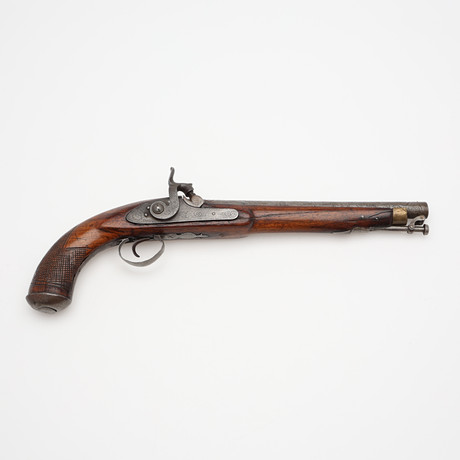 AN ORIENTAL PERCUSSION LOCK PISTOL, FAUX DAMASCUS BARREL. Mid 19th ...