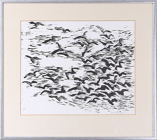 EVA FORSBERG-SJÖGREN. Birds in flight, graphic sheet, signed "EA" or "E ...