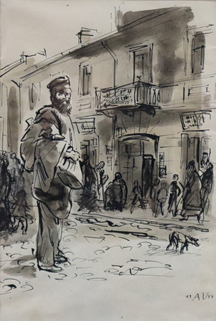 UNIECHOWSKI, ANTONI. - Utan titel (scen från Shtetl), 1957, bläck på ...