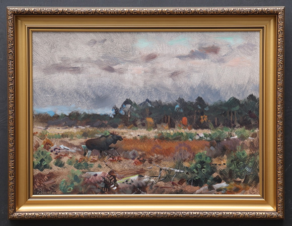 LINDORM LILJEFORS. olja på pannå, älg på kalhygge, signerad Lindorm L ...