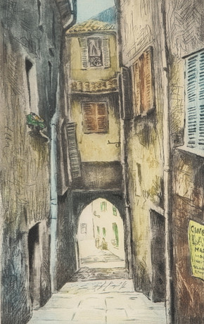 MARCEL JULIAN BARON. Etching, street scene in Paris, signed, Baron. Art ...