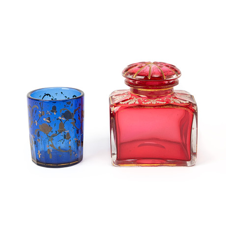 A late 19th century teapot and glass, red and blue glass. Glass ...