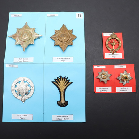 A COLLECTION OF WELSH, IRISH AND OTHER GUARDS CAP BADGES. Weapons ...