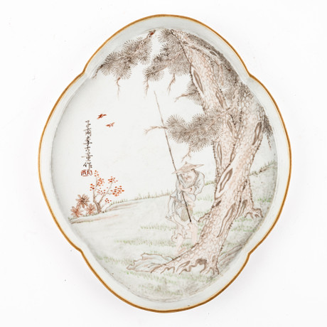 A plate/tray, porcelain, probably with the signature of artist Zi Shang ...