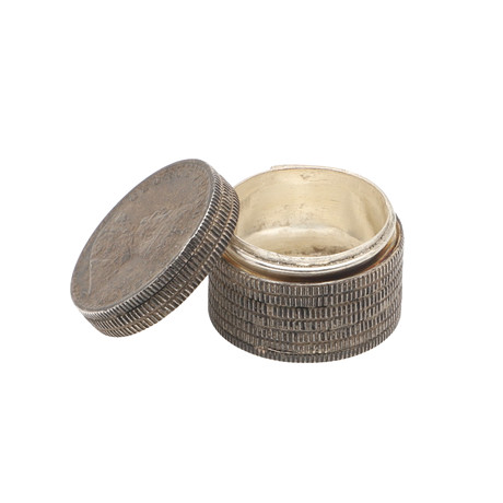 A SCREW TOP BOX FORMED FROM INDIAN HALF RUPEE COINS. Silver & Metals ...
