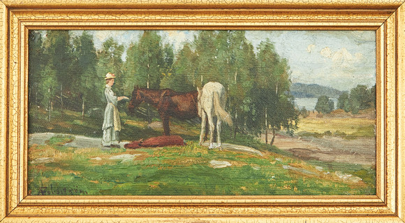 OIDENTIFIERAD KONSTNÄR. "Hilma Martin i en park vid Mörtvik omkring år ...